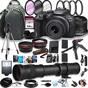 Canon EOS R10 Mirrorless Digital Camera with RF-S 18-45mm f/4.5-6.3 is STM Lens+ 420-800mm Super Telephoto Lens + 100S Sling Backpack + 64GB Memory Cards, Professional Photo Bundle (42pc Bundle)