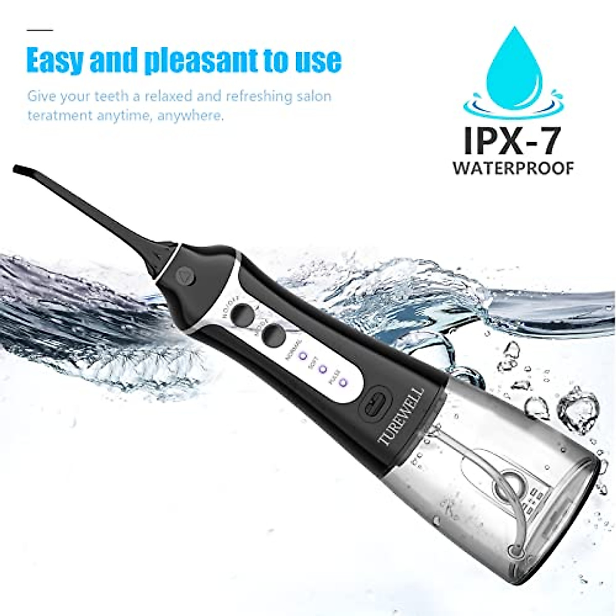 TUREWELL Water Flossing Cordless Oral Irrigator - 300ML Portable IPX7 Waterproof Water Teeth Cleaner, 3 Modes Water Cordless Oral Irrigator for Teeth/Braces, 5 Water Jet Tips for Travel & Family Use