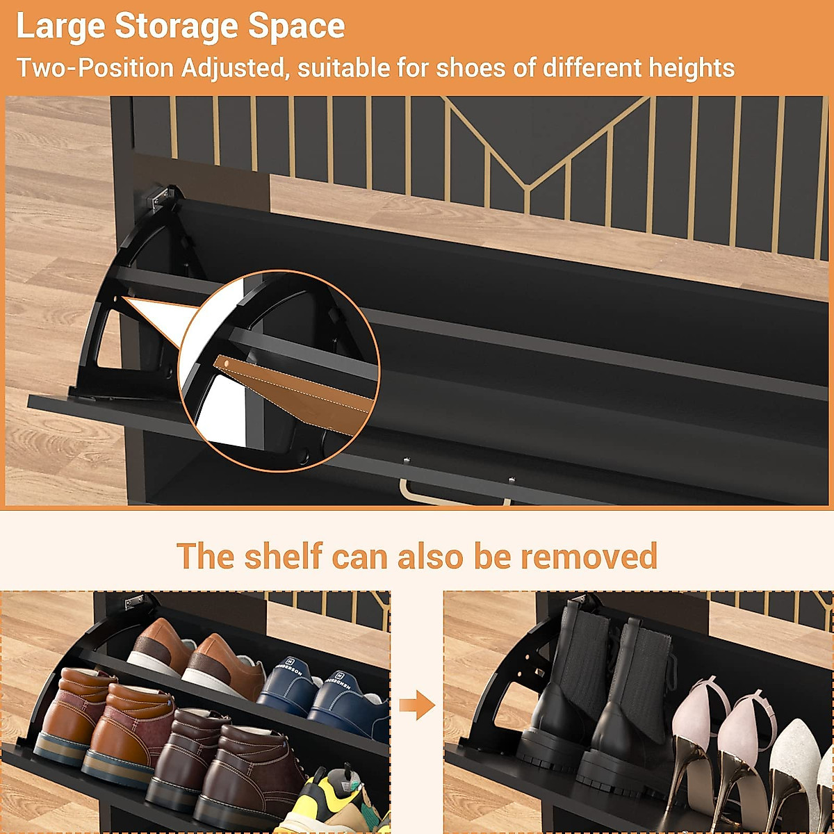 Aheaplus Shoe Cabinet with Flip Doors, Shoes Storage Organizer with Motion Sensor Led Light, Entryway Wood Freestanding Tipping Bucket Shoe Rack with Open Shelves for Closet, Living Room, Black