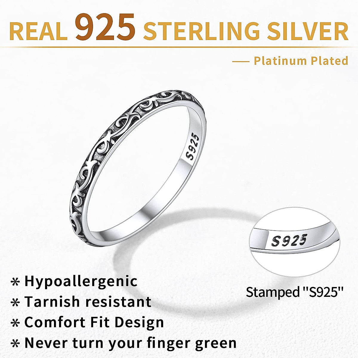 ChicSilver 925 Sterling Silver Ring 2mm Retro Vine Stacking Rings Eternity Wedding Band for Women Size 9