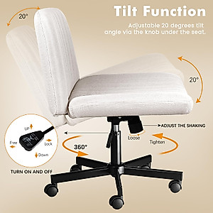 LEMBERI Criss Cross Chair with Wheels, Fabric Padded Armless Wide Seat Cross Legged Office Chair, Mid Back Swivel Computer Task Vanity Chairs for Home, Make Up,Small Space, Bed Room(Beige)