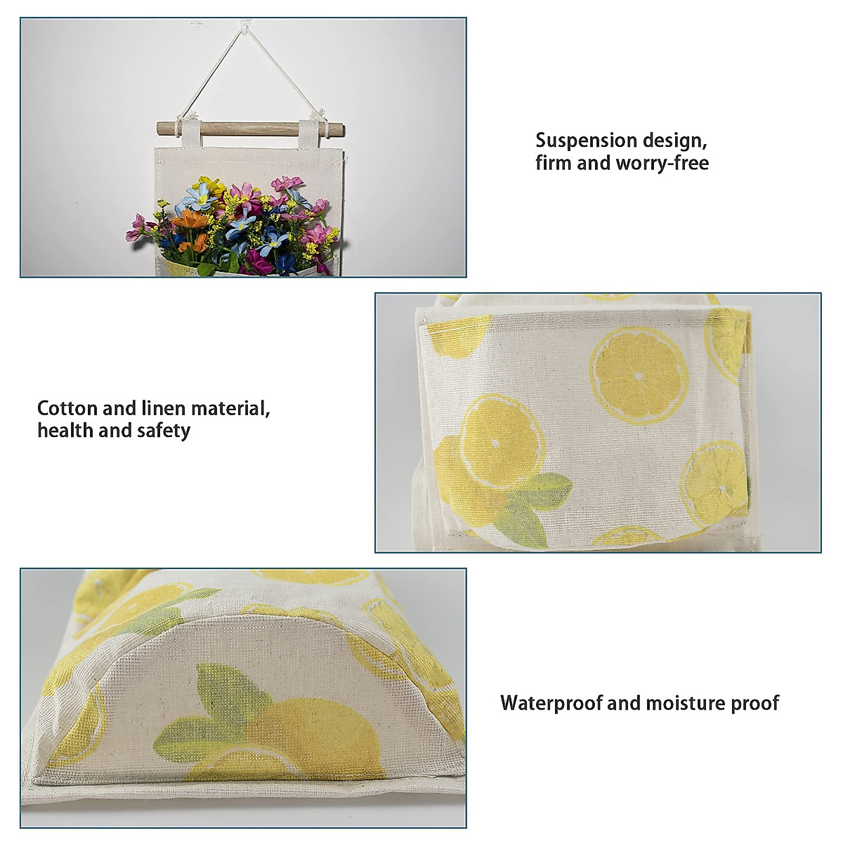 LASZOLA 2Pcs Over The Door Hanging Storage Bag, Waterproof Wall Closet Organizer Linen Fabric Stylish Mount Organizer with 5 Pockets for Bedroom Bathroom Kitchen (Pineapple+Lemon)