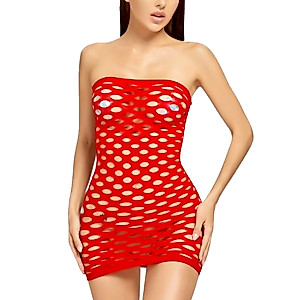 Sexy Womens Strapless Fishnet Lingerie Sleepwear Mini Dress Tube Chemise Bodysuit One Size (Red)