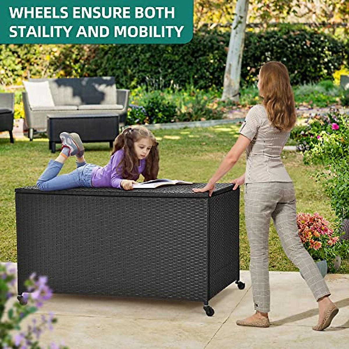 YITAHOME 120 Gallon Large Deck Box with Wheels, Woven Rattan Wicker Outdoor Storage Box, Waterproof Storage Container, Outdoor Cushions Storage-Pool Storage Bin - Brown