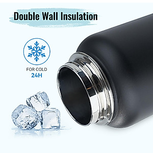 Kerilyn Stainless Steel Water bottle with Straw & Wide Mouth Lid, Wide Rotating Handle, 32oz Double Wall Vacuum Insulated Water Bottle Leak Proof, BPA Free, Keep Cold and Hot, 32oz, Black