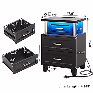 VIAGDO Black Nightstand Set of 2, LED Night Stand Set 2 with Charging Station, Modern Nightstand with 3 Drawers, Vintage Bedside Tables, End Side Table with Storage for Bedroom, Office