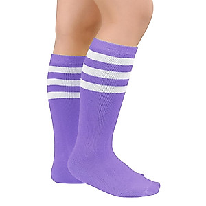 Zando Girls Knee High Socks 6-8 Years Old Cotton Soft Girls Soccer Socks School Uniform Socks for Girls Seamless Socks Youth Tube Socks Three Stripe Soccer Socks Kids Light Purple 6-9 Years