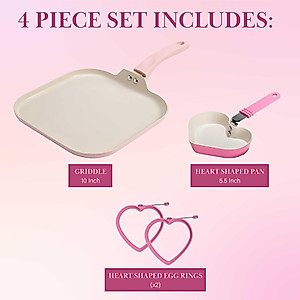 Paris Hilton Breakfast Ceramic Nonstick Cookware Set, Includes Square Griddle, Mini Heart Shaped Fry Pan and Two Silicone Heart Shaped Egg Rings, 4-Piece Set, Pink