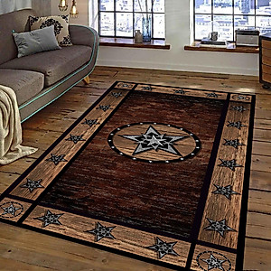 ZLXMN Vintage Rustic Star Area Rugs,5x7ft,Retro Western Texas Star Design Brown Rug Country Decor Rugs for Living Room Bedroom Kitchen Farmhouse Decor Machine Washable Non Skid Rug Pad
