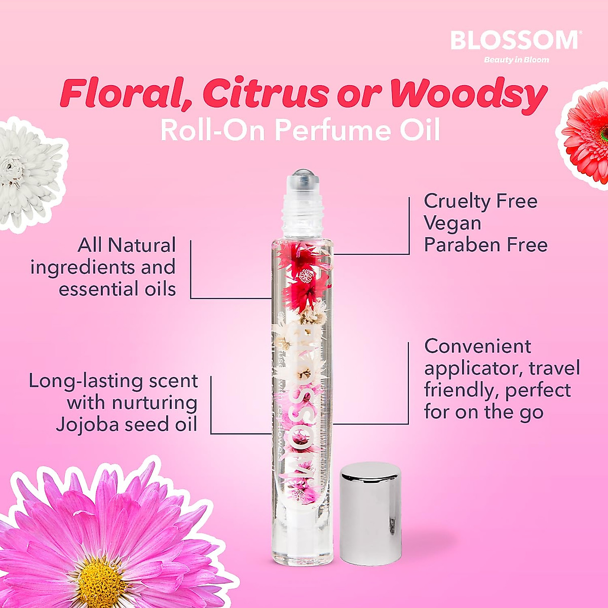 Blossom Roll on Rollerball Perfume Oil, Natural Essential Oils, Infused with Real Flowers, Made in USA, 0.20 fl. oz./5.9 ml (Rose, Violet, Lily, Magnolia, Amber, Cedarwood) Let Love Shine Rainbow Rose