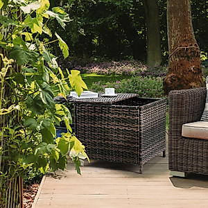 VINGLI 27 Gallon Outdoor Deck Box, Wicker Outdoor Storage Box with Lid, Small Storage Bin Container for Outside and Patio, Outdoor Rattan Side Table for Patio (Rectangular), Brown