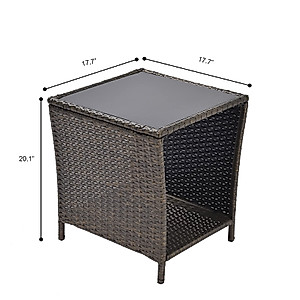 Koruiten Patio Wicker Storage Side Table,Outdoor PE Rattan Woven Coffee End Table with Tempered Glass Top for Indoor Outdoor Porch Lawn Poolside Garden Backyard Balcony(Dark Blonde)