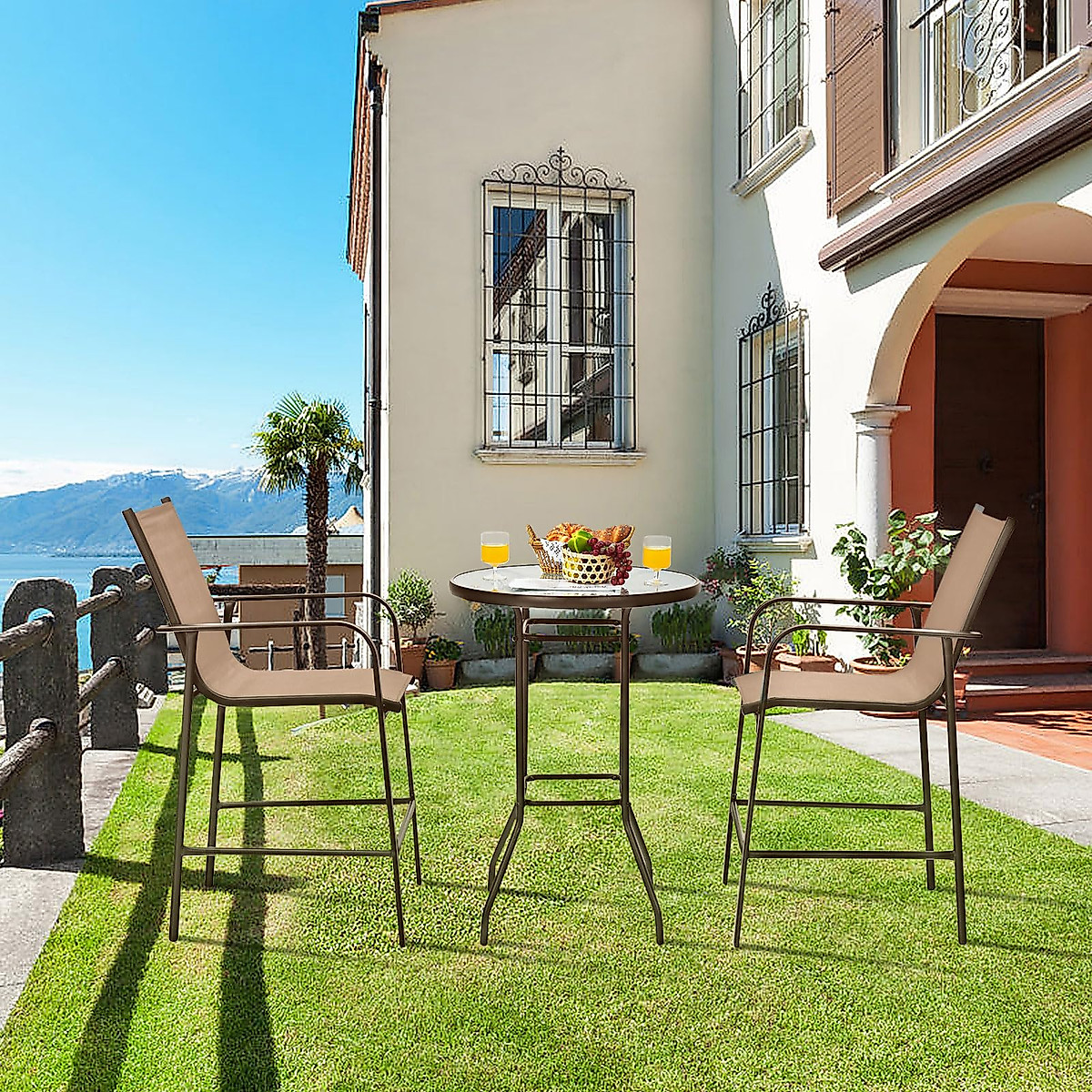 Tangkula 3 Pieces Outdoor Patio Bar Set, Outdoor Bistro Set with 2 Bar Stools and 1 Tempered Glass Bar Table, Bar Height Patio Table and Stools Set for Backyard, Garden, Lawn (Coffee)