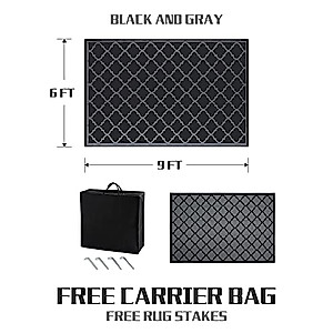 RVOLST Outdoor Rug Carpet Waterproof 6x9 ft-Patio Rug Reversible Portable RV Camping Rug Mat-Plastic Straw Outdoor Rug for Patio Decor Outside Rug for Picnic Balcony-Black and Gray