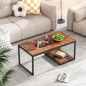 2-Tier Industrial Rectangle Rustic Coffee Table for Living Room Small Spaces, Living Room Center Table with Storage Shelf and Stable Metal Simple Modern Open Design, Easy Assembly, Adjustable Feet