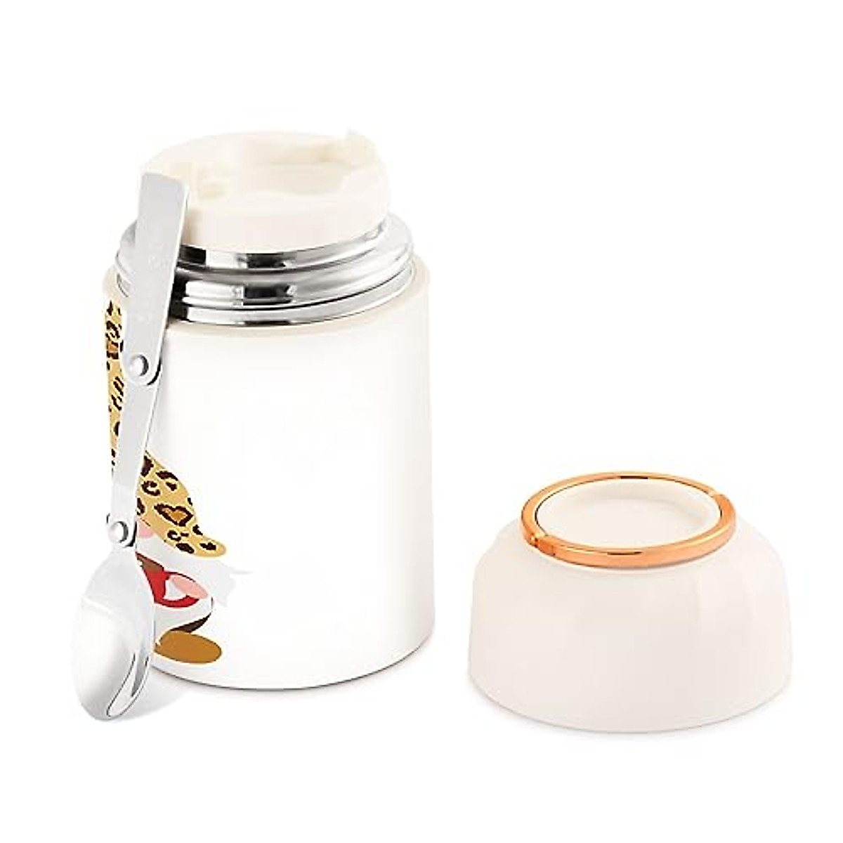 CUPADA Casual Leopard Gnomes Food Jar for Hot and Cold, Holiday Nordic Dwarfs Insulated Food Jars Vacuum 17OZ with Folding Spoon for Work Trip Picnic Camping