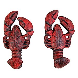 Primitive Cast Red Lobster Wall Hooks, 5 1/2 Inches, Set of 2