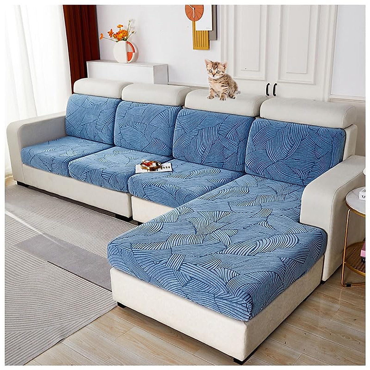 GORHLady Stretch Elastic Fabric Sofa Protector L-Shaped Slipcovers Corner L Shape Sectional Soft Stylish Couch Suitable Living Room Dogs Pets Furniture Protectors All Seasons 4-Seater Blue
