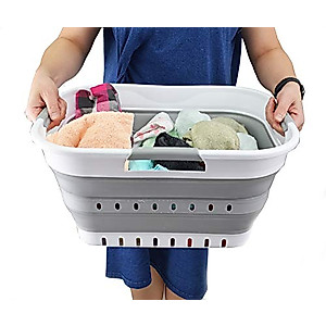SAMMART 19L (5 gallon) Super Mini Collapsible 3 Handled Plastic Basket - Foldable Pop Up Storage Container/Organizer - Space Saving Hamper/Basket (1, White/Grey)