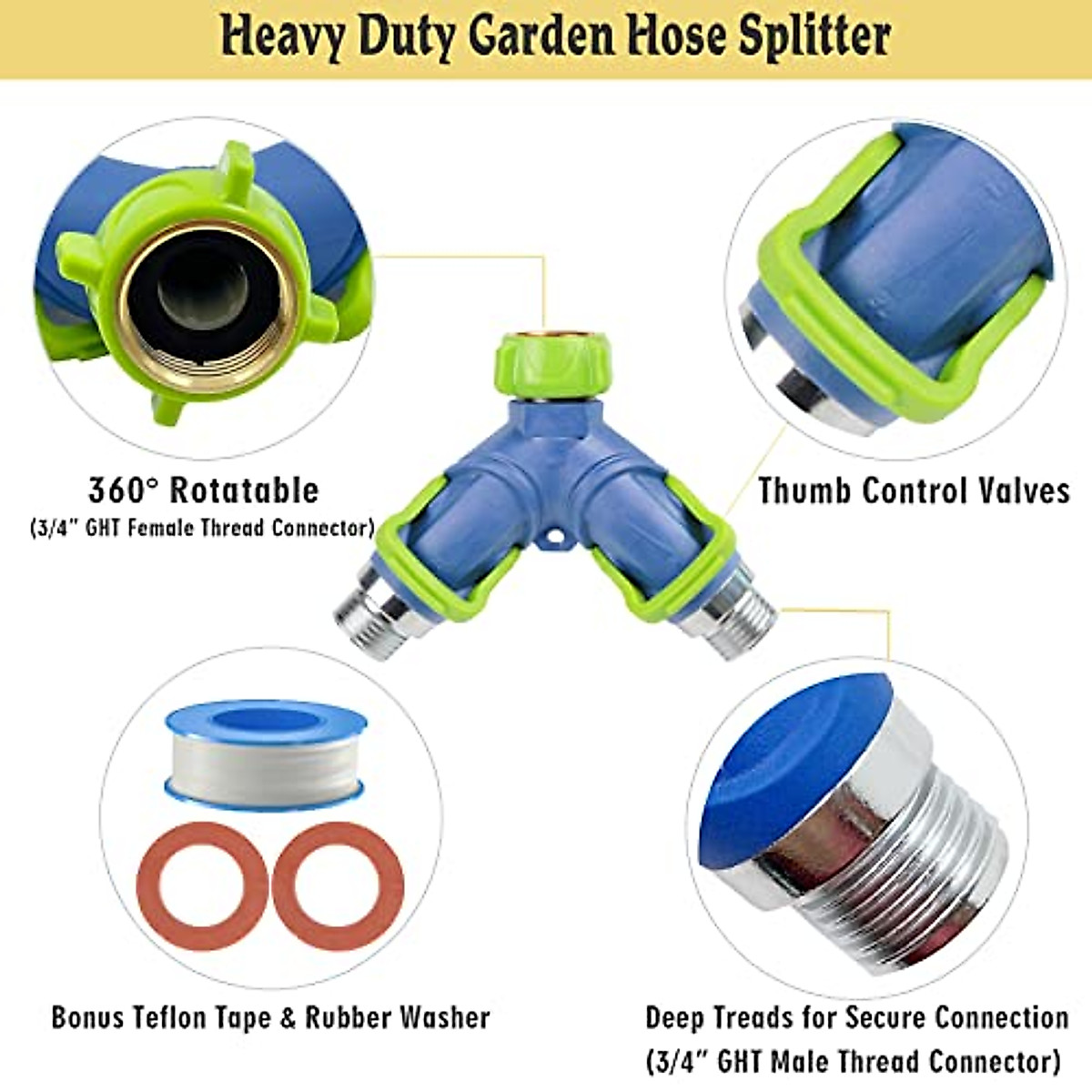 Garden Hose Splitter 2 Way, Heavy Duty Y Hose Splitter with Thumb Control Valves, 3/4" Metal Two Way Faucet Splitter Shut Off Valve Hose Connector Adapter with 2 Rubber Washers