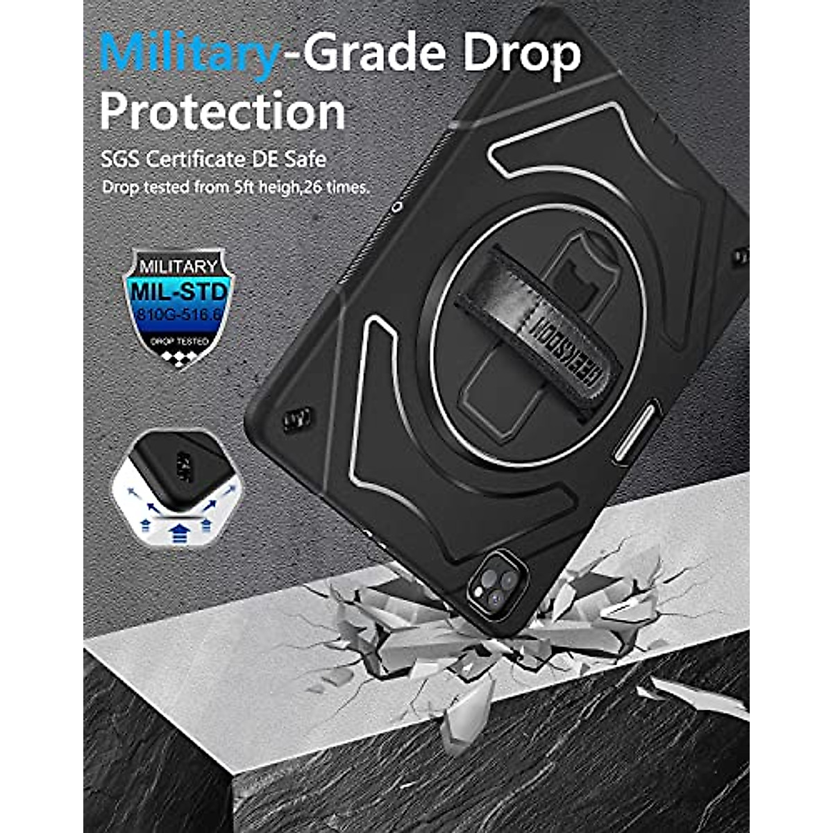 GEEKSDOM STOCK Case Compatible with iPad Pro 12.9 Inch, Heavy Duty Military Grade Drop Tested Shockproof Full Body Protection with Kickstand & Strap Case for iPad Pro 6th Gen 12.9 2022/2021/2020