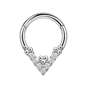 FANSING Surgical Steel Septum Jewelry 16g Septum Rings for Women Prong Set CZ Teardrop Septum Clicker Silver Septum Ring 16 Gauge 8mm Beaded Daith Piercing Jewelry Triangle Septum Ring