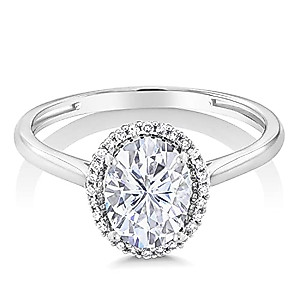 Gem Stone King 10K White Gold 8X6MM Oval Gemstone Birthstone & White Diamond Halo Engagement Ring | Wedding Anniversary Promise White Gold Ring For Women | Size 5,6,7,8,9
