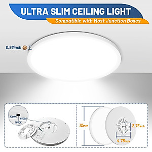 Allsmartlife LED Flush Mount Ceiling Light Fixture, 12inch 24W 2880lm CCT 3000K/4000K/6500K Thin Round Flat Panel Light Surface Mount for Kitchen, Bedroom, Laundry. Dimmable Ceiling Lamp