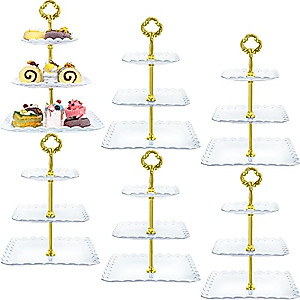 Gandeer 6 Sets of 3 Tier Plastic Cupcake Stand, White Plastic Tiered Serving Stand for Cupcake Stands for Dessert Table Mini Cake Fruit Snack Square Dessert Display Trays for Wedding Birthday