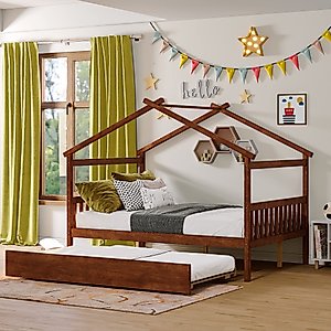 GOWE Full Size Wooden House Bed with Twin Size Trundle, Walnut