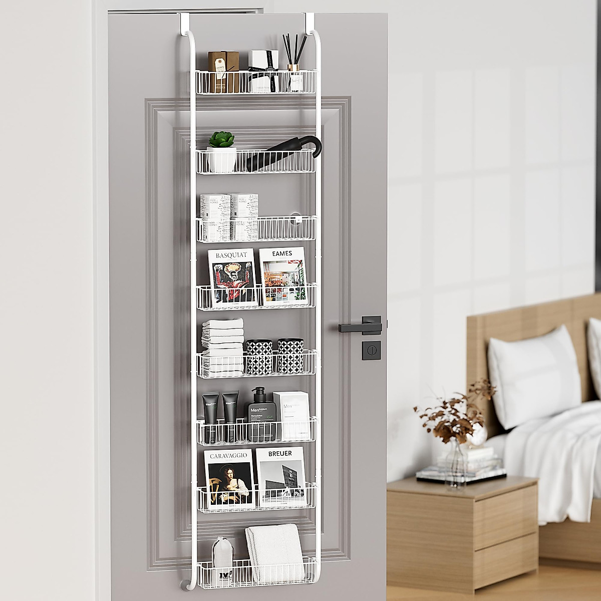 TIMEBAL Over the Door Pantry Organizer, 8-Tier Metal Hanging Rack with 8 Large Baskets, Rust Resistant, White