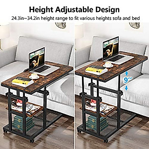 Tribesigns Height Adjustable C Table with Wheels, Mobile Couch Snack Side Table with Tiltable Drawing Board, Sofa Bedside Laptop Stand C Shaped TV Tray with Storage Shelves (Brown)