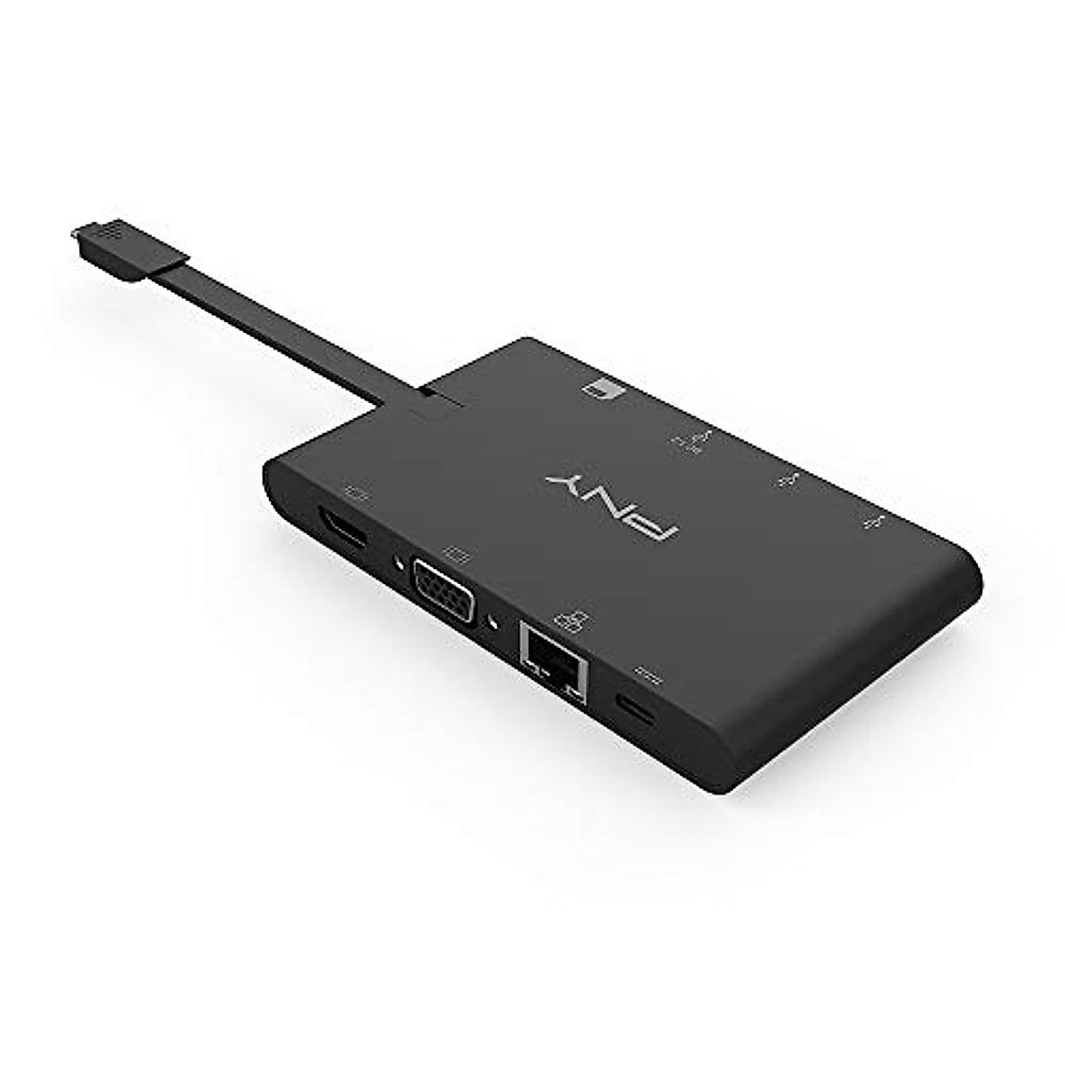 PNY 9 in 1 Mini Portable USB-C Power Hub with Integrated USB-C Cable for USB-C Compatible Devices with 2xUSB-C Ports, 2xUSB-A 3.1 Ports, 1xHDMI Port, 1xVGA Port, SD/microSD Slots, PNY Mini USB-C Hub