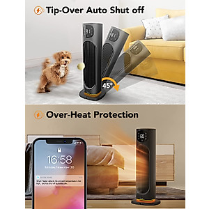Govee Smart Space Heater for Indoor Use, 1500W Ceramic Tower Heater with Thermostat APP&Voice Control, Quiet Portable Electric Heater with RGB Night Light for Large Rooms, Bedroom, Office
