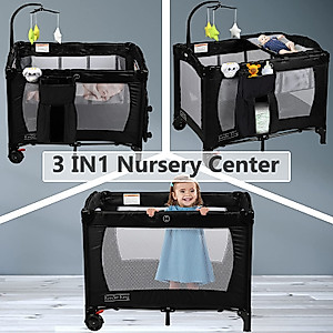 Kinder King 3 in 1 Portable Nursery Center, Foldable Playard for Baby & Toddler, Infant Pack n Play w/Bassinet, Removable Mattress, Newborn Changing Table, Travel Bag, Music Box, Storage Basket, Black