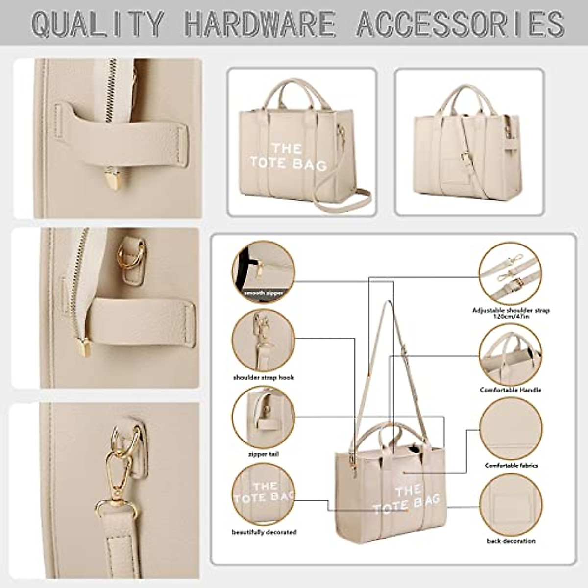 Work Tote Bags for Women - Trendy Personalized Oversized PU Leather Tote Bag Large Capacity Top-Handle Shoulder Crossbody Bags (A Beige)