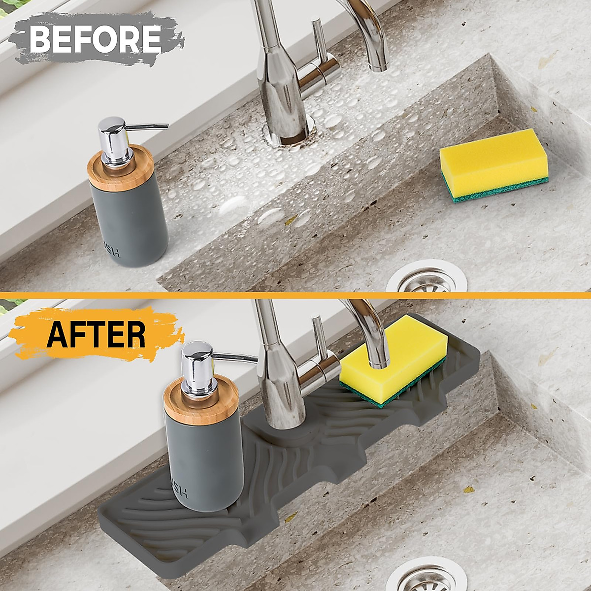 Hexola Faucet Guard & Draining Mat, Kitchen Sink Splash Guard,18 inch Silicone Handle Drip Catcher Tray, with Three Sizes of Rubber Rings to Suitable Different Faucet(Gray)