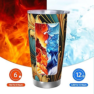 AYCZN Ethnic Peacock Feather 20 OZ Tumbler Stainless Steel Travel Coffee Mug, Mandara Flower Floral Insulated Water Bottle with Lid and 2 StrawsLeakproof Thermal Cup