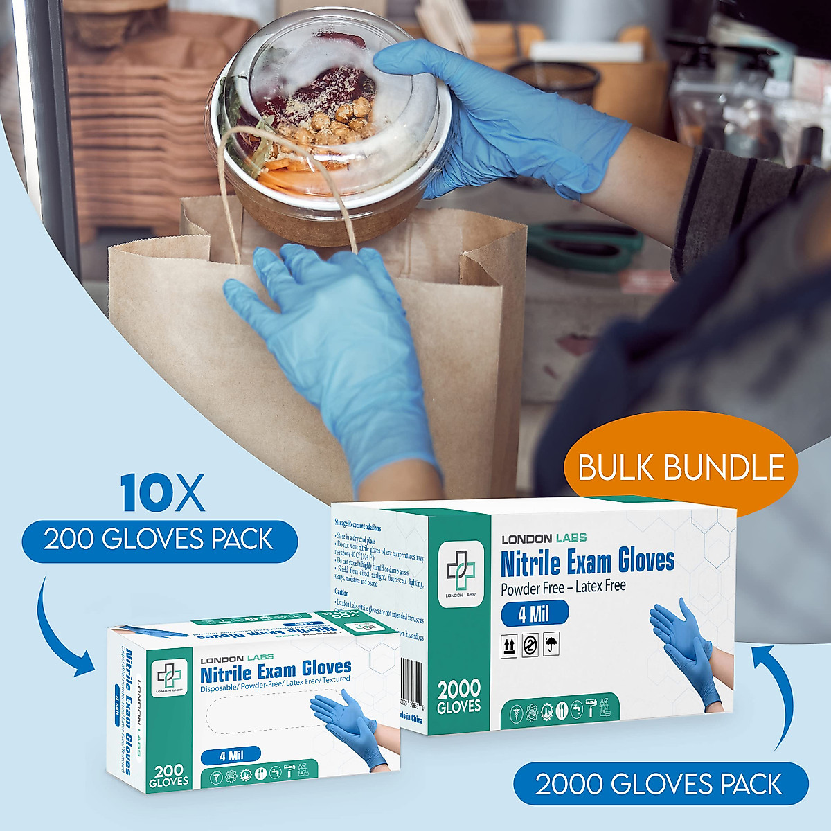 London Labs Nitrile Medical Exam Gloves 4 Mil Disposable Gloves, Latex Free Glove, Powder Free Multi-Purpose (200, X-Small)