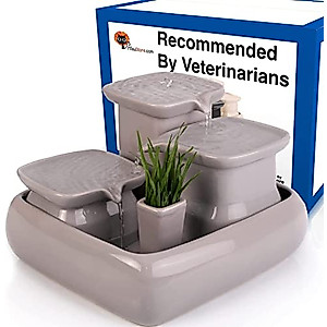 Miaustore Premium Ceramic Cat Water Fountain - Motion Sensor Activated, 120oz/3.4l, Doesn’t Need Filters, Easy to Clean, Dishwasher Safe, Pet Drinking Fountain with Bowl for Cat Grass Inside - Grey
