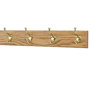 PegandRail Solid Oak Wall Mounted Coat Rack with Solid Brass Hat and Coat Style Coat Hooks - Made in the USA (Golden Oak, 3.5" x 20" with 4 hooks)