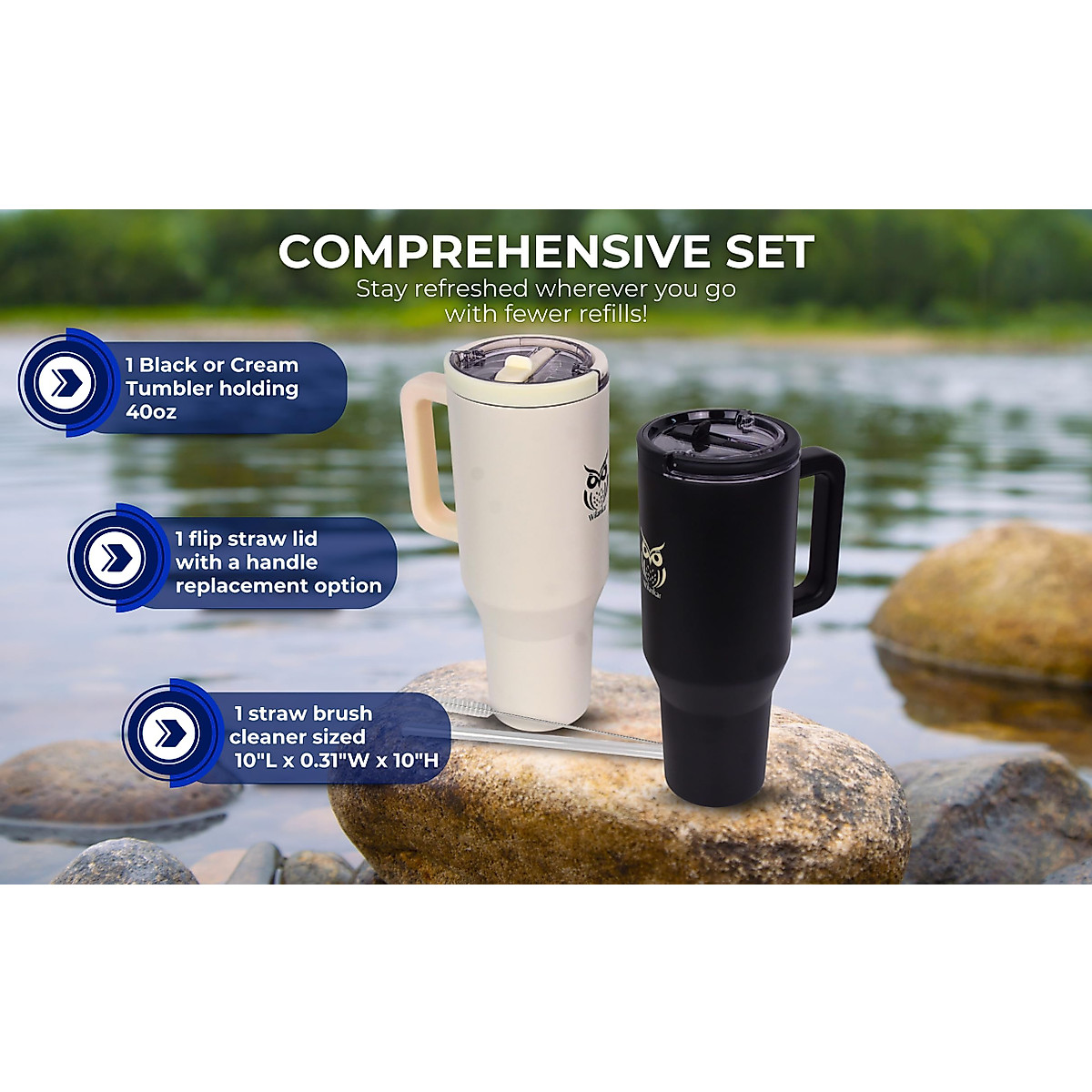 WILANKAR Tumbler 40oz Water Bottle with Lid, Handle & Flip Straw – Leakproof, Cup Holder-Friendly Travel Cup, Insulated Stainless Steel, Dishwasher-Safe, BPA-Free (Cream)