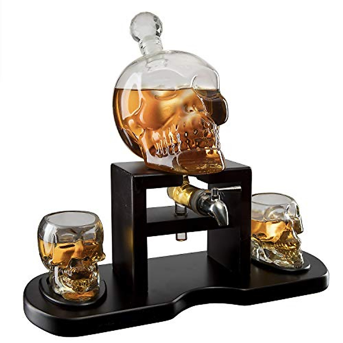 Skull Skeleton Wine & Whiskey Decanter Set 750 mL With 2 Skull 3oz Skeletons Shot Glasses + Mahogany Wooden Base & Pouring Spigot Decor Glass, Goth Spooky Drinking Glassware The Wine Savant
