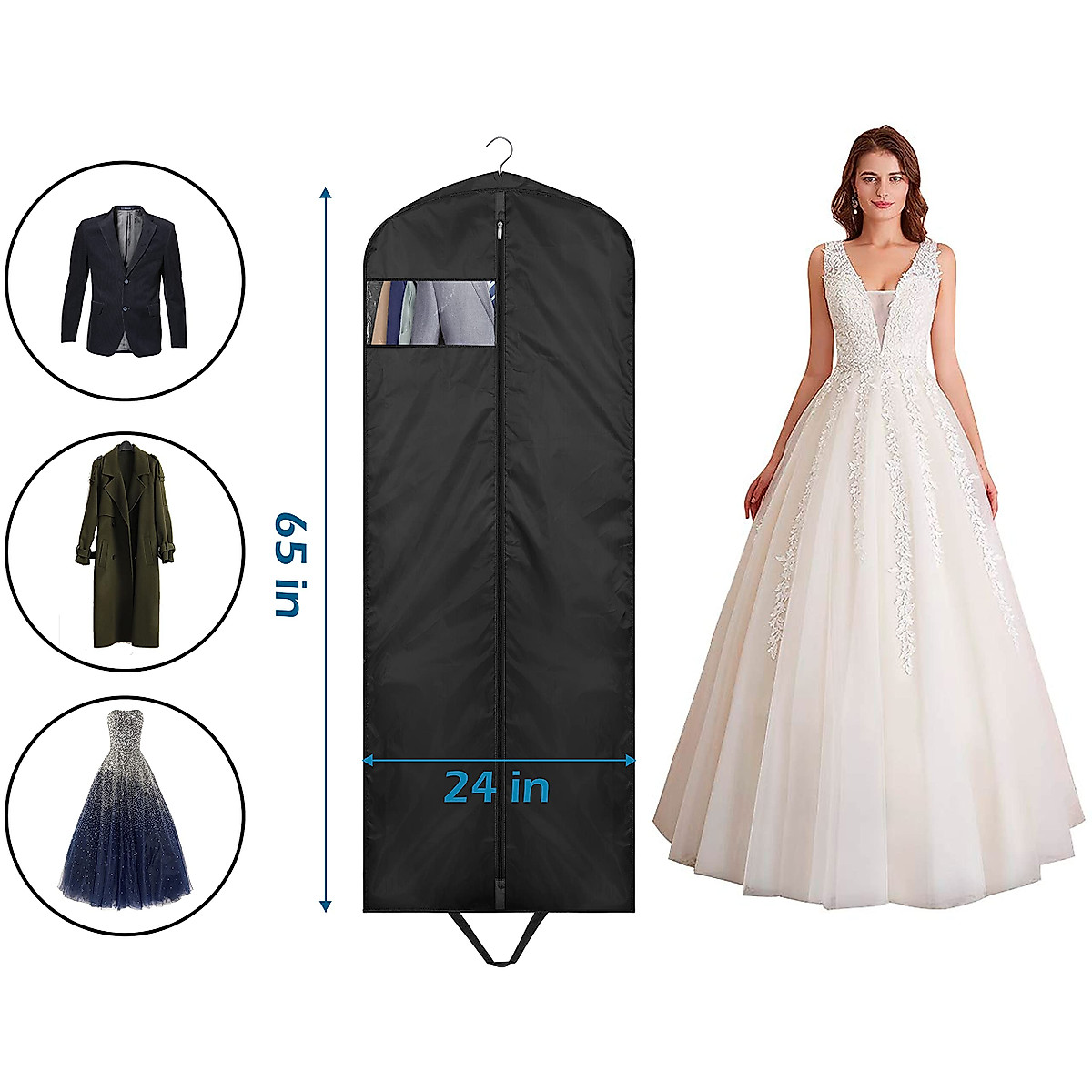 MISSLO 65" Gusseted Hanging Garment Bags for Travel Long Dress Cover Water Resistant Sturdy Fabric Dress Bags for Gowns Long Closet Clothes Protectors, Black
