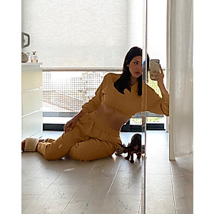 Mizoci Women's 2 Piece Outfits Lounge Jogger sets Long Sleeve Crop Top Pant Sweat Suit Tracksuit,Medium,Coffee