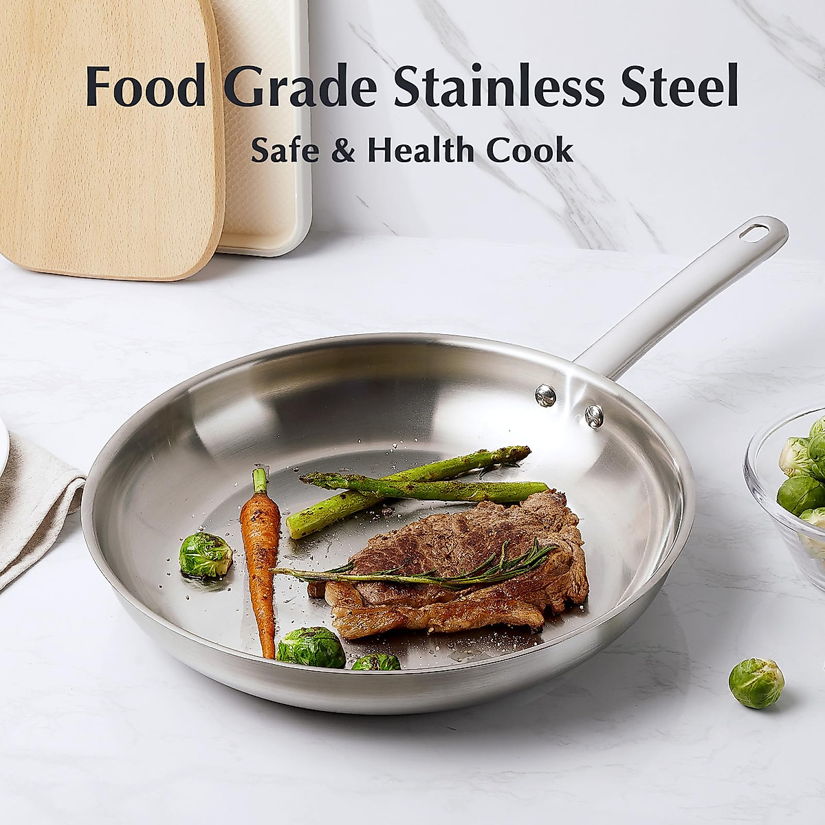 KOCH SYSTEME CS Stainless Steel Pan 12 Inch, Stainless Steel Frying Pan for Professional Cooking, PFAS-Free Stainless Steel Pan with Stay-Cool Handle, Induction Compatible Stainless Steel Skillet