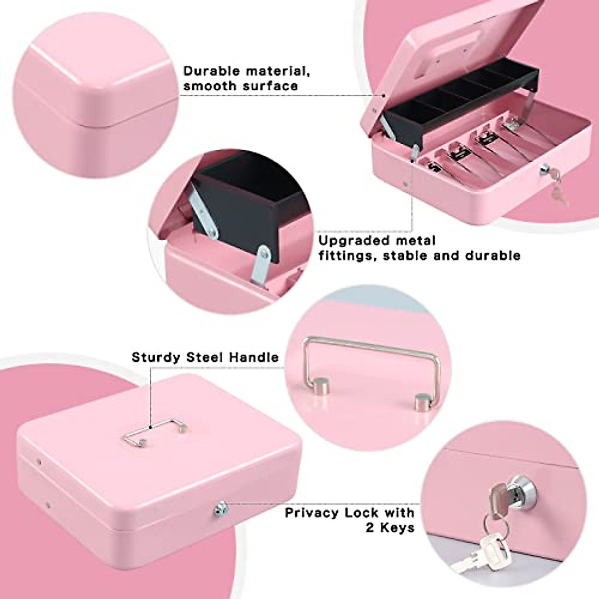 xydled Cash Box with Money Tray and Key Lock,Tiered, Cantilever Design,4 Bill / 5 Coin Slots,11.8" x 9.5" x 3.5",Pink