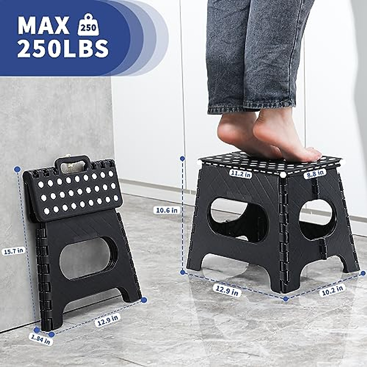 ROLIZOE Foldable Step Stool with Safety Lock, Space-Saving Plastic Stepping Stool, 11 Inch Multi-Purpose Portable Non-Slip Folding Step Stool for Kids & Adults-Black
