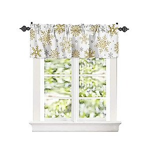 Winter Snowflake Kitchen Curtain Valance for Window Gold Grey Geometric on White 60x18In Rod Pocket Valances Short Curtains Window Treatment for Living Room Bathroom Bedroom Cafe Decor Wave Point