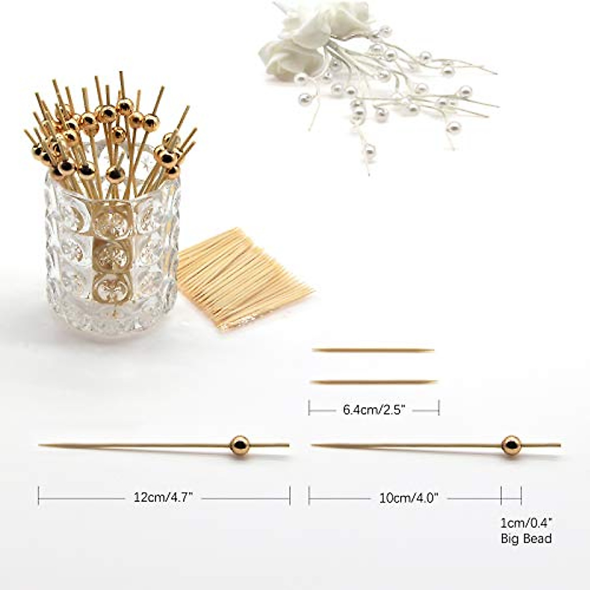 Minisland Gold Pearl Bamboo Cocktail Picks 4.7 Inch Long Fancy Toothpicks for Appetizers Drinks Fruits Party Food Garnish Skewer Sticks 100 Counts- MSL150
